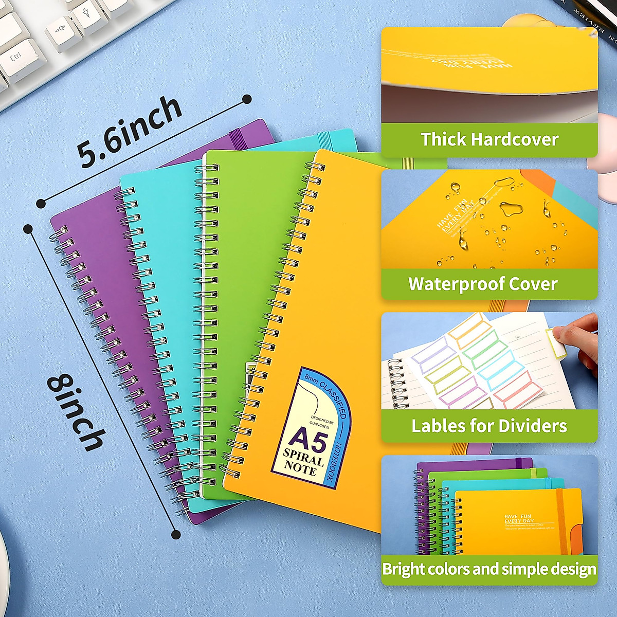 CAGIE 4 Pack Spiral Notebook 5x7 Lined Journal Notebook College Ruled 320 Sheets in Total, 4 Subject A5 Spiral Notebooks for Work School and Notes, 8 Multicolor Tab Stickers Yellow Green Blue Purple