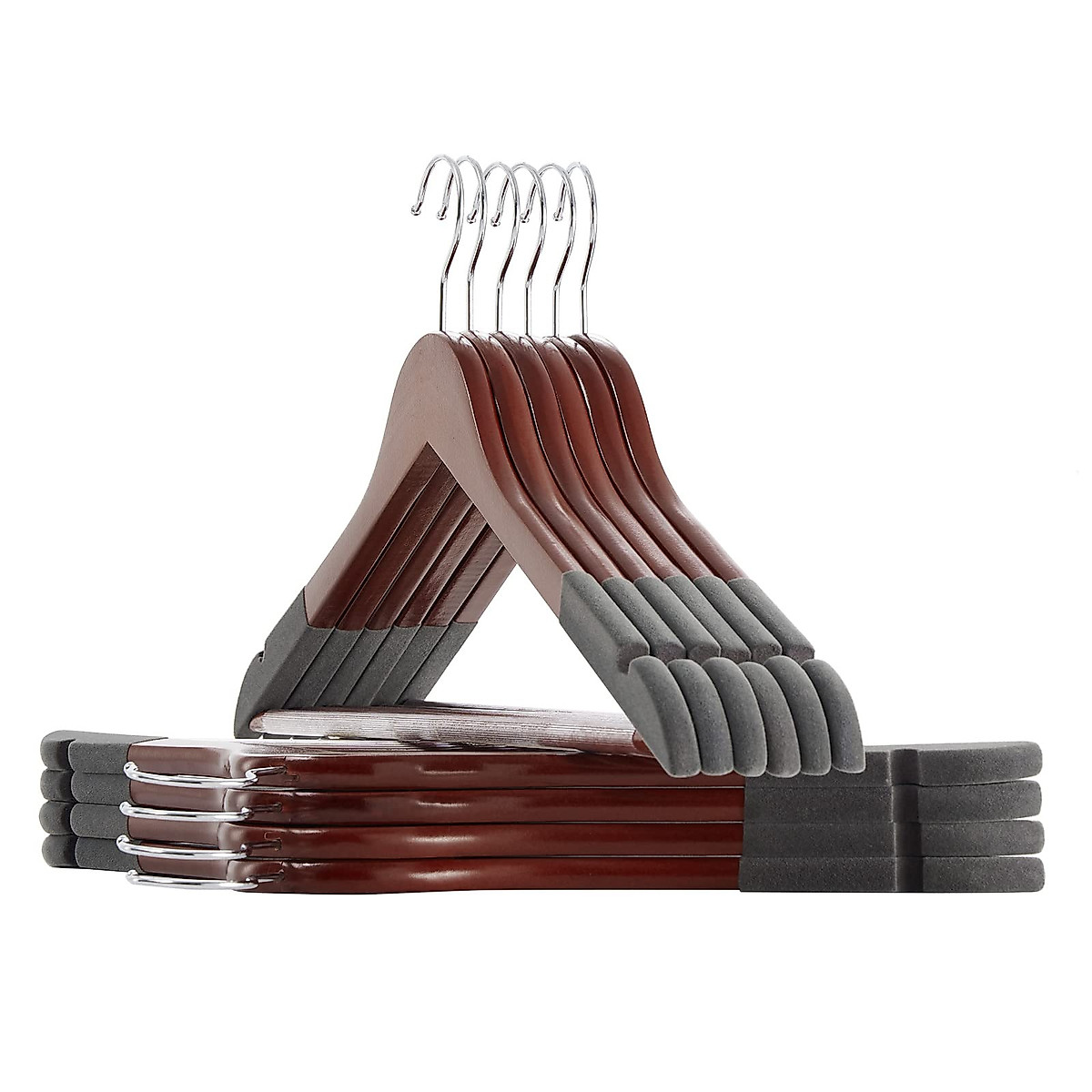 TECHMILLY Solid Natural Wooden Coat Hangers, 10 Pack Heavy Duty Smooth Finish Suit Hangers with Non-Slip Pant Bar, Precisely Cut Notches & Chrome Swivel Hook for Closet, Wardrobe