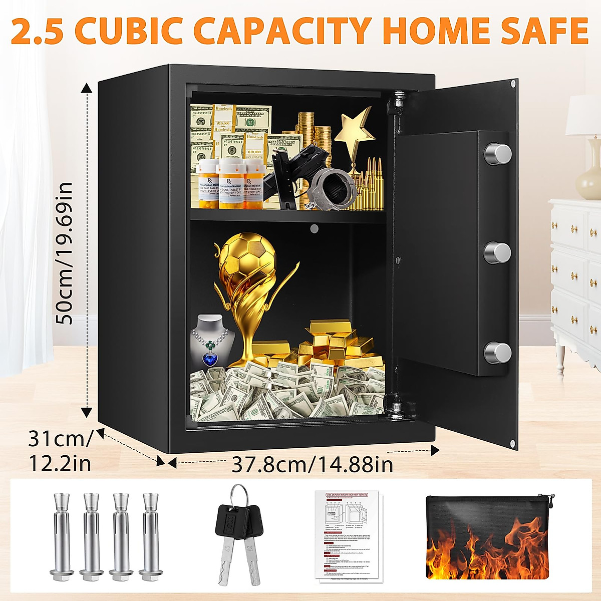2.5 Cu ft Large Home Safe Fireproof Waterproof, Fireproof Safe with Fireproof Waterproof Document Bag, Combination Lock and Removable Shelf, Fire Safe Box for Home Important Documents Valuables