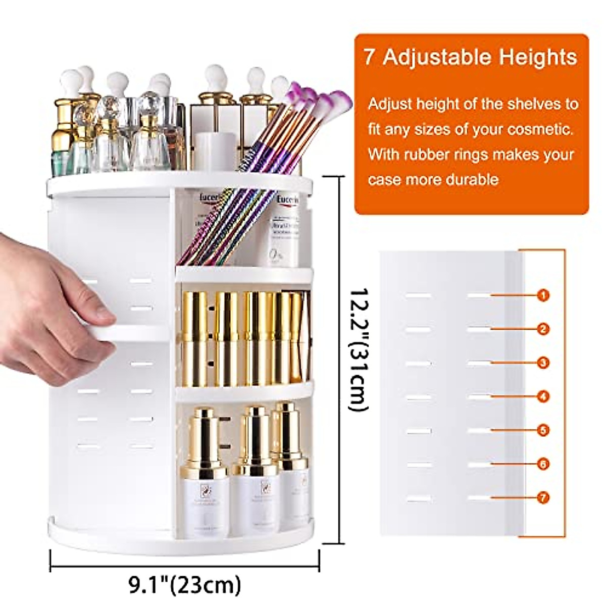 360 Rotating Makeup Organizer, chfine DIY Adjustable Bathroom Makeup Spinning Holder Storage Rack, Large Capacity Lazy Susan Cosmetics Organizer, Makeup Caddy Fits Countertop Vanity and Bathroom,White