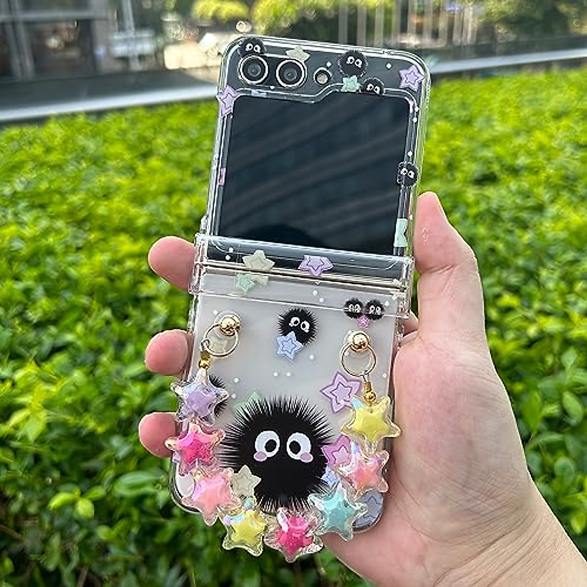NXBNK for Galaxy Z Flip 5 Case, Soot Sprite Floral Hard Clear Phone Case for Samsung Galaxy Z Flip 5 2023 Plus a free phone chain, Cartoon Flip Case for Girls Women - Soot Sprite