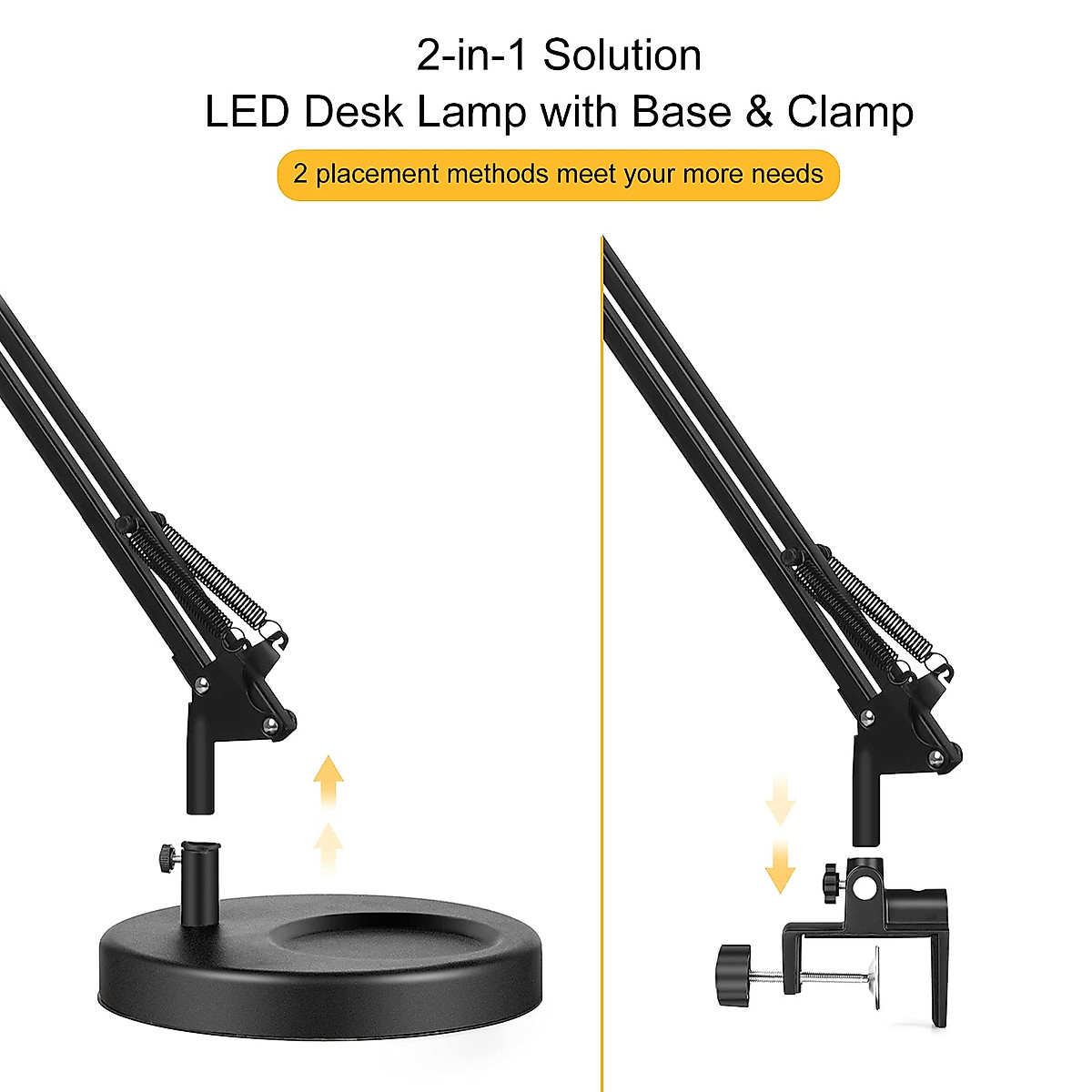 Desk Lamps for Home Office, 2-in-1 LED Desk Lamp, 3-Section Long Arm Desk Light with Clamp and Base, Adjustable Table Lamp with 3 Colors Modes, 10 Dimmer Levels and Memory Function
