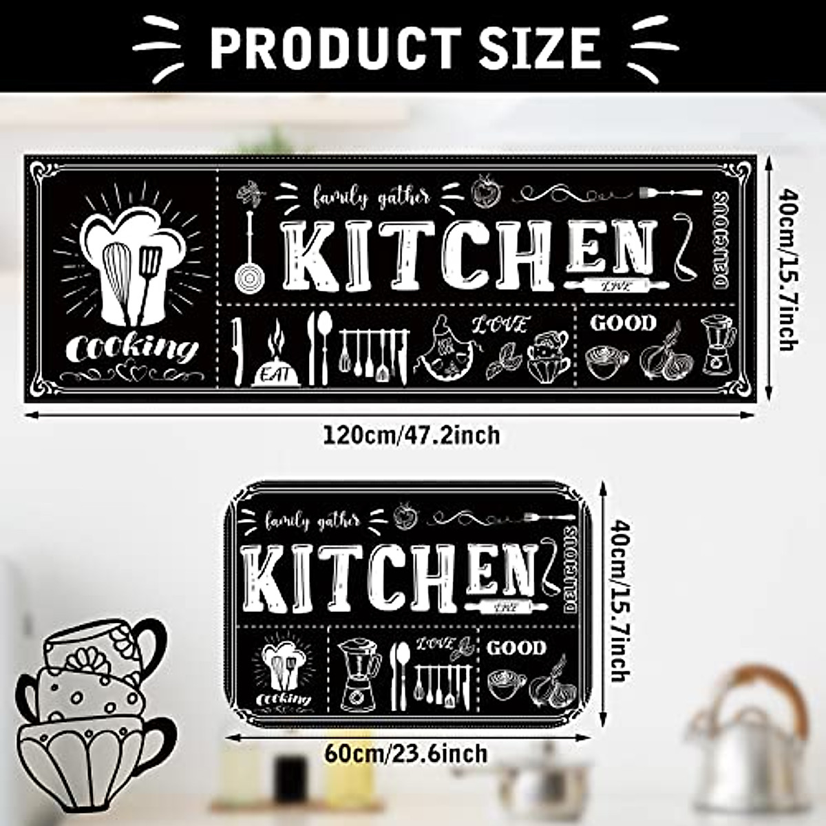 3 Pcs Kitchen Rug Set Non Skid Thick Black Kitchen Rugs and Mats Stain Resistant Anti Fatigue Mats for Kitchen Microfiber Floor Non Slip Backing Mat, 15.7" x 47.2", 15.7" x 23.6" (Kitchen Style)