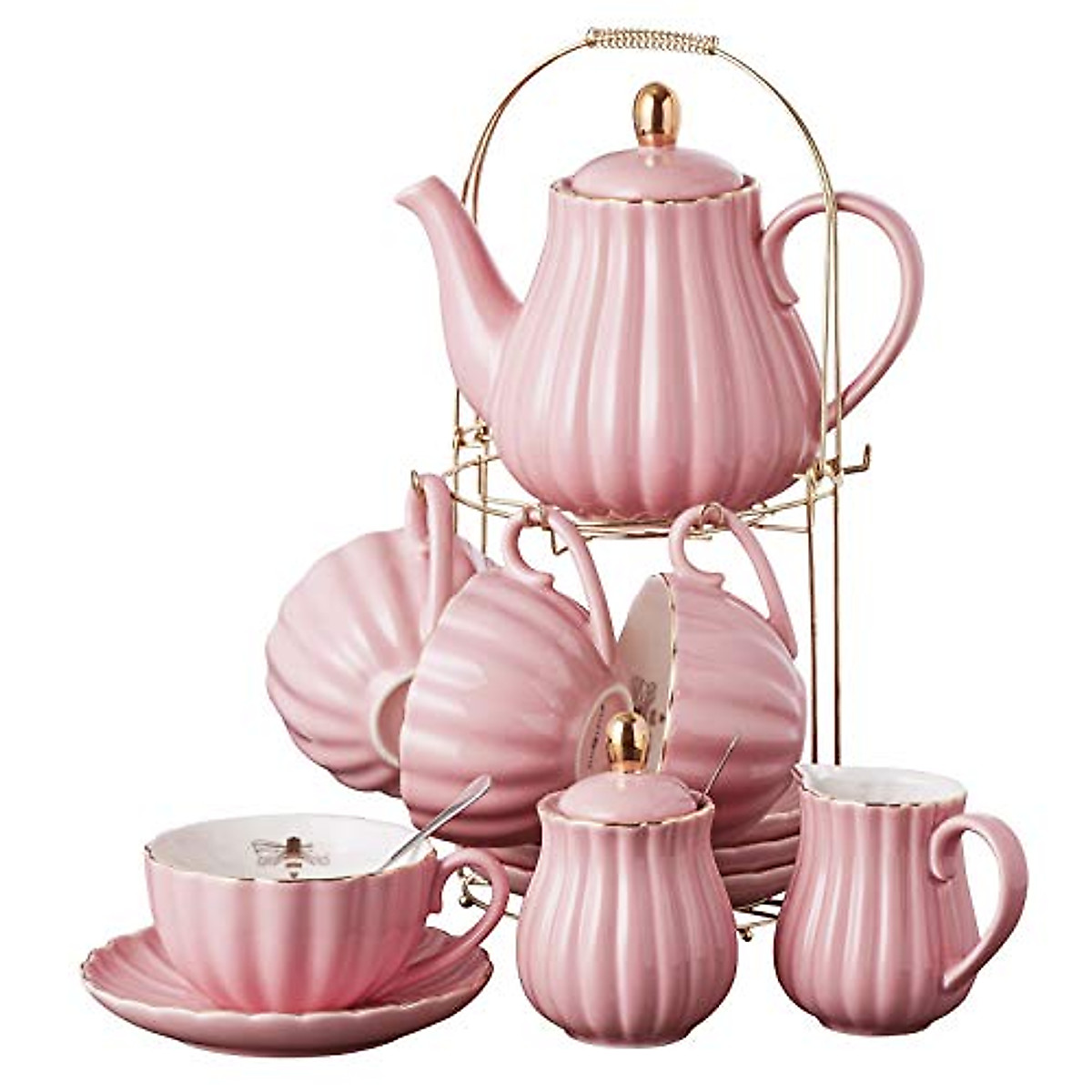 Jusalpha Fine China Pink Coffee Cup/Teacup Set, 7 OZ Cups& Saucer Service for 4, with Teapot-Sugar Bowl-Cream Pitcher Teaspoons and tea strainer for Tea/Coffee, 17-Pieces (TW Full set)