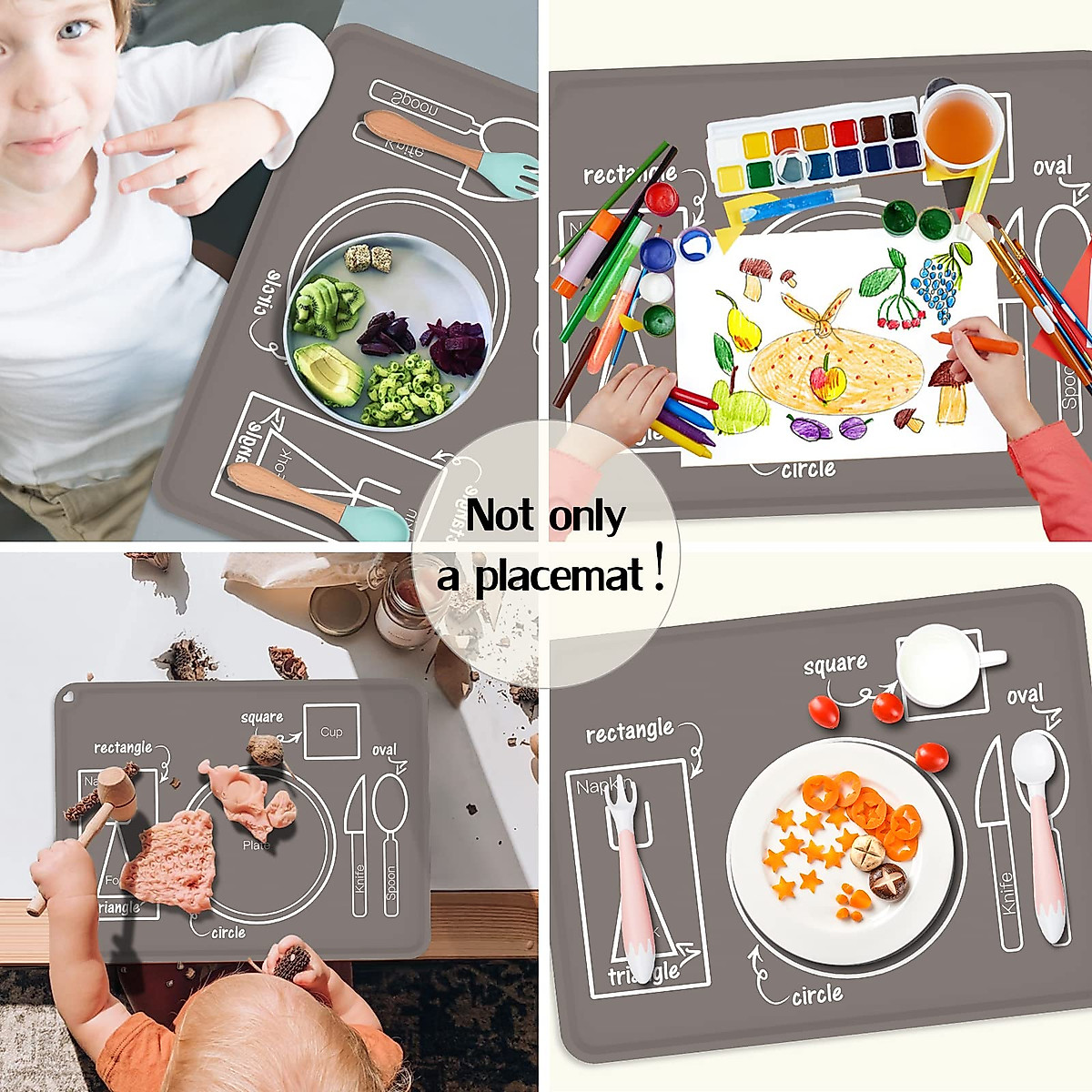 Kids Placemats, Silicone Baby Montessori Placemats for Kids Toddler Children Reusable Non-Slip Table Dining Mats for Restaurant, 2 Pack,Darkgrey&MistyRed