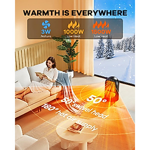 Space Heater, 1500W Small Portable Electric Heaters for Indoor Use, PTC Ceramic Heater for Office with Thermostat, 50°Oscillation, 8H Timer, 3 Modes, Quiet Safe Room Heater for Office Room Desk