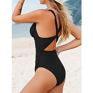 CUPSHE Women One Piece Swimsuit Deep V Neck Tummy Control Ruched V Back Classic Bathing Suits XL Black