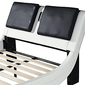 CEMKAR Modern upholstered Platform Bed Frame with LED Lighting, Bluetooth Playback and backrest Vibration Massage, Faux Leather Wavy Platform Bed Frame with Wooden Slat Support White+Black