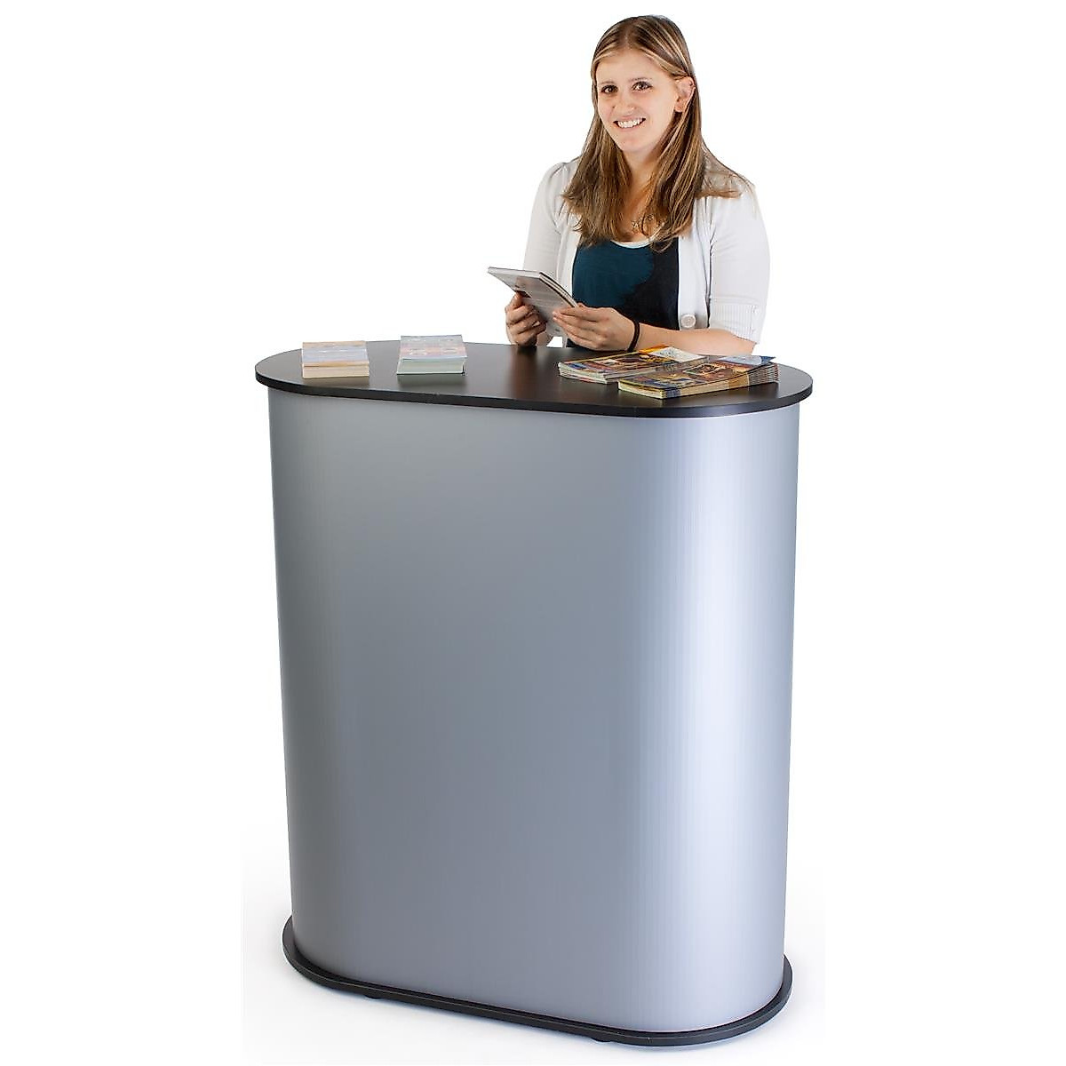 Trade Show Counter with Satin Gray Sidewalls, Interior Shelf, Lightweight Portable Construction.