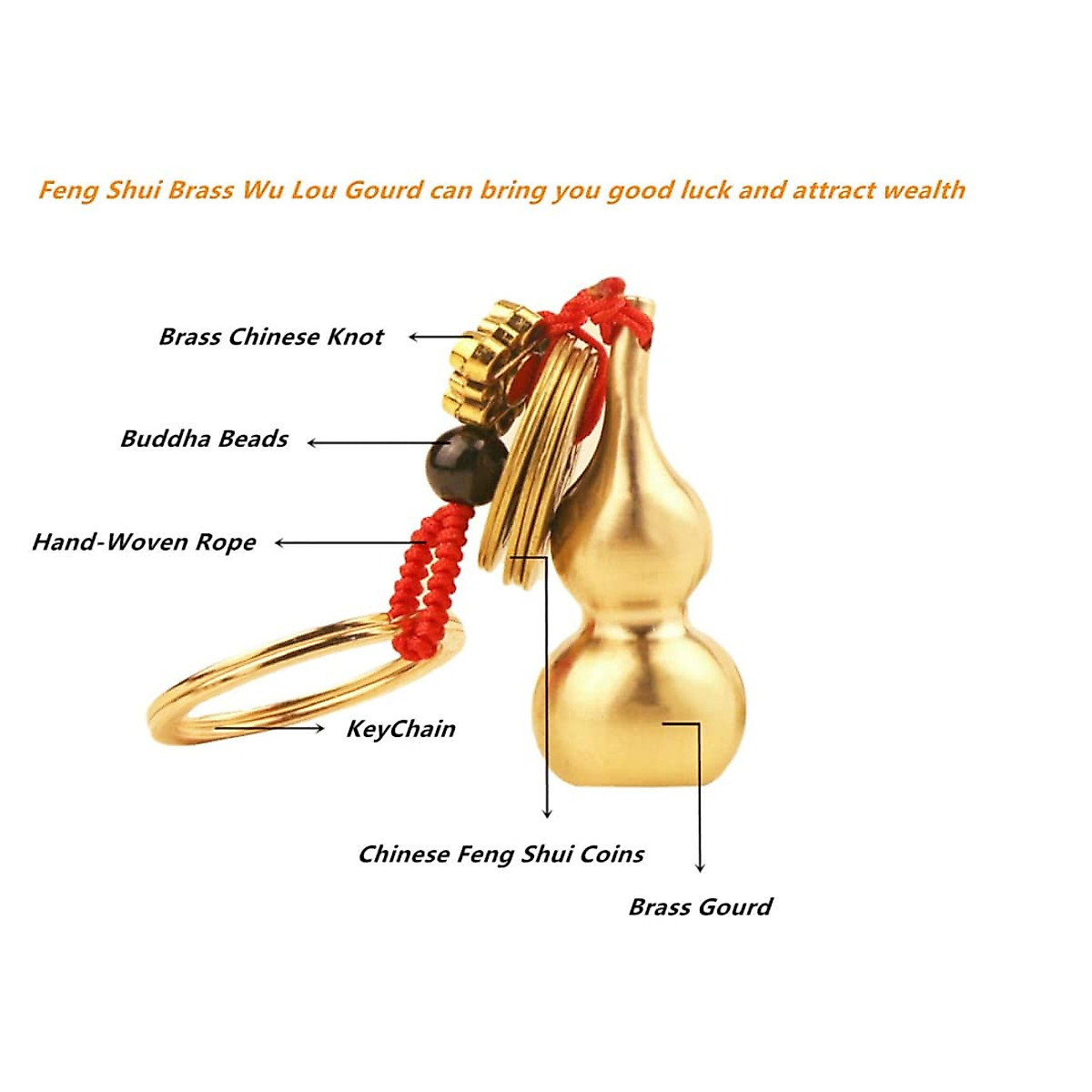 3 Pieces Gourd Brass Keychains,Feng Shui Luck Coins with Brass Calabash Wu Lou Key Ring for Good Luck , Wealth Success & Longevity , Blessing Paper in it, Gold, 2x2x4 inches