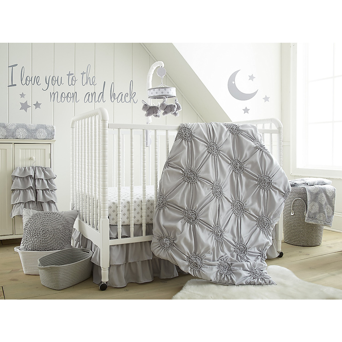 Levtex Baby - Willow Crib Bed Set - Baby Nursery Set - Grey - Soft Rosette Pintuck - 5 Piece Set includes Quilt, Fitted Sheet, Diaper Stacker, Wall Decal & Crib Skirt/Dust Ruffle