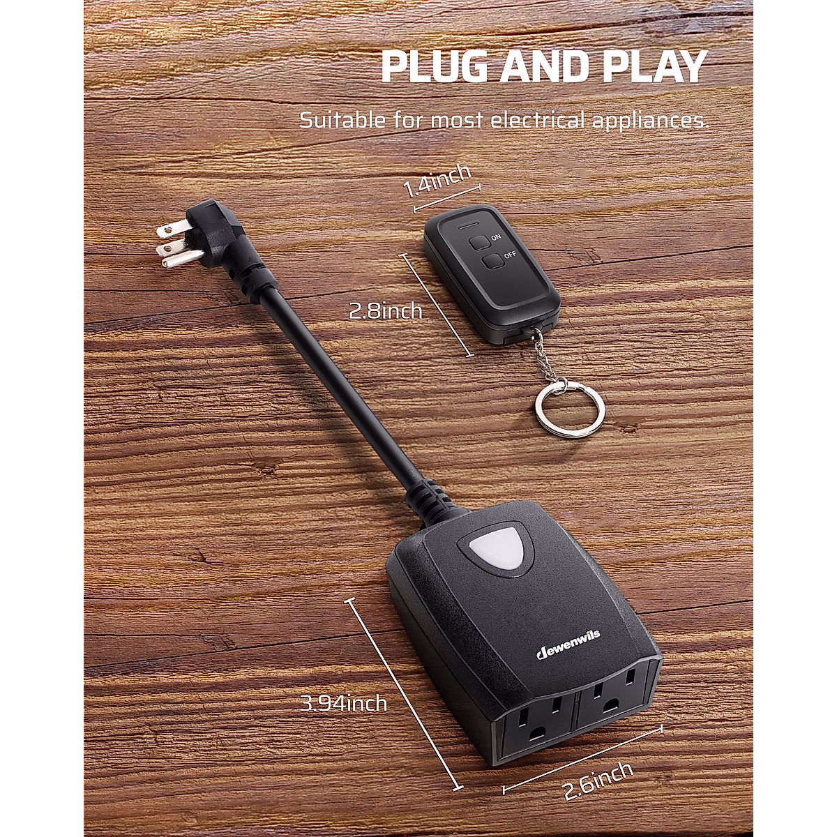 DEWENWILS Wireless Remote Control Outdoor Outlet with 2 Remotes, Electrical Plug in Light Switch Weatherproof,15 AMP Heavy Duty, 100 FT Range, for Lights Lamp Fans, ETL Listed