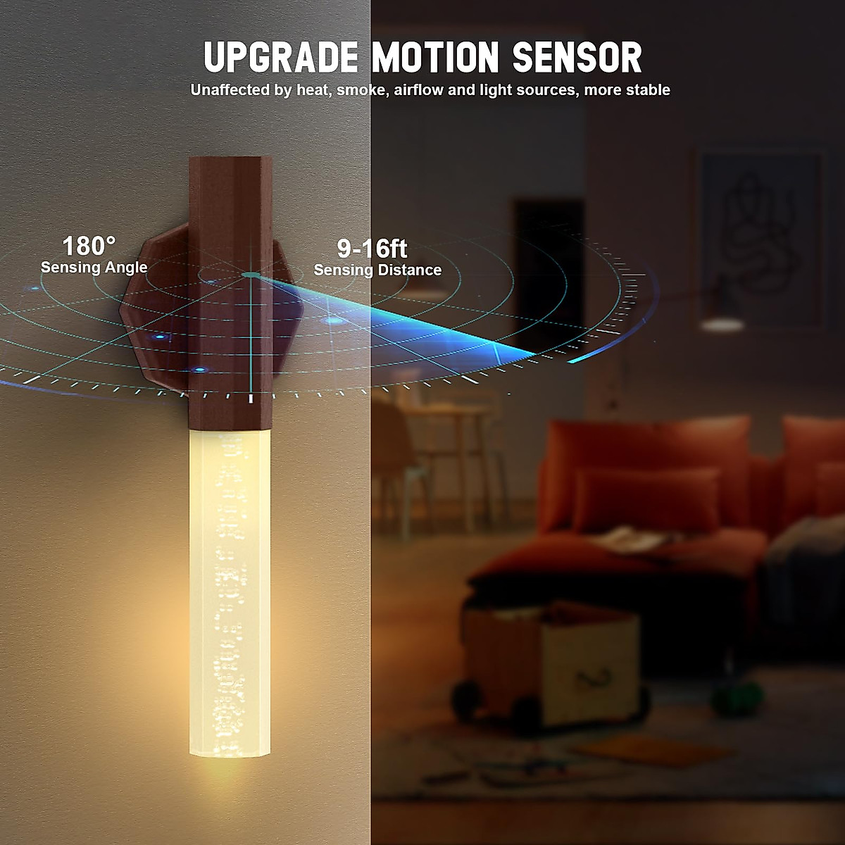 Ni-SHEN Motion Sensor Night Light Indoor with 3 Color Mode, Rechargeable Powerful Magnetic Body Wall Light Led Hallway Light, Battery-Operated Wooden Wall Sconce for Hallway, Stairway (Bubble)