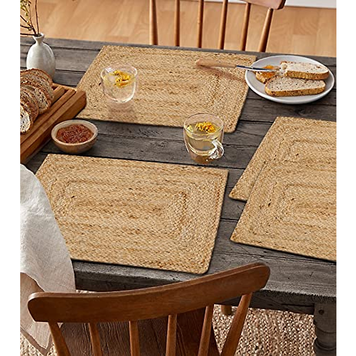 Ramanta Home Jute Braided Placemats 13x19 Inches - Natural Reversible Mats for Dining Table (Set of 4)