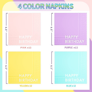 DYLIVeS Colorful Happy Birthday Napkins, 4-Multicolor Makaron Cocktail Napkins Yellow Pink Purple Blue Paper Napkins Disposable Rainbow Pastel Birthday Napkins for Girls Women Birthday Party, 48pcs