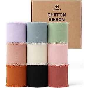 Vitalizart 1.5" x 45Yd Handmade Fringe Chiffon Silk Ribbon Mixed Color Ribbons Set 9 Rolls for Wedding Invitations, Bridal Bouquets, Gifts Wrapping, Holiday Decorations