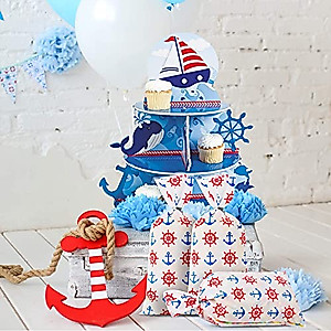 Lecpeting 100 Pcs Nautical Treat Bags Anchors Wheel Print Cellophane Candy Bags Plastic Goodie Storage Bags Nautical Party Favor Bags with Twist Ties for Nautical Theme Birthday Party Supplies