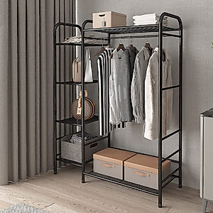 Nyehiret Metal Free-Standing Garment Rack，Storage Organizer for Bedroom Clothes Garment Rack with Shelves，Hanging Rod and Storage Box, Black