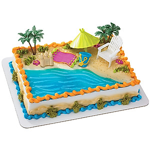 DecoSet® Beach Chair and Umbrella Tropical Beach Cake Decoration, 6 Piece Cake Topper Set, Palm Trees, Deck Chair, Beach Umbrella, Sand Castle and Bucket, Food Safe,