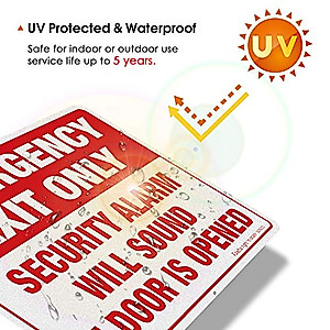 Emergency Exit Only Sticker, Emergency Exit Only - Security Alarm Will Sound If Door Is Opened Label, 2 Pack, 10 x 7 inch Self-Adhesive Vinyl Decal Stickers, Reflective, UV Protected, Waterproof