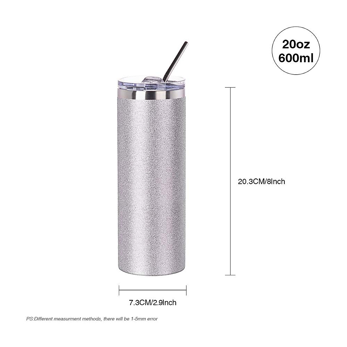PYD Life Sublimation Blank Glitter Skinny Tumbler Silver 20 OZ Straight Stainless Steel Coffee Cups with Lid and Metal Straw for Tumbler Heat Press Sublimation Oven Printing 4 Pack