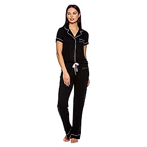 bebe Womens 2 Piece Short Sleeve Button Down Shirt and Long Pants Bridesmaid Pajamas Set (Black, X-Large)