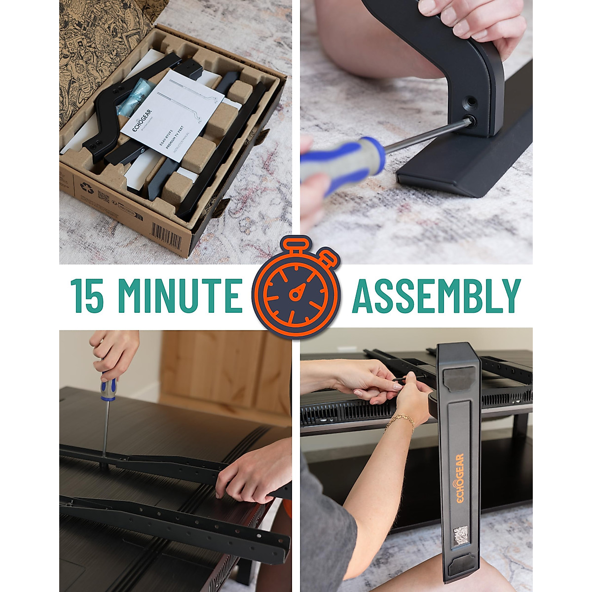 ECHOGEAR Premium Replacement TV Stand for 55"-86" Screens - Angled Feet Give Universal TV Stand Stability for QLED & OLED TVs -Easy 3-Step Install Comes w/Soundbar Isolation & Anti-Slip/Scratch Pads