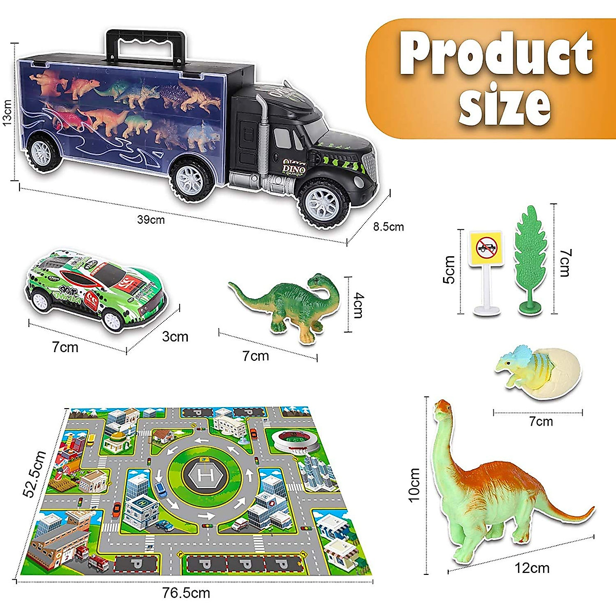 YIMORE Dinosaur Truck Toy Car Transporter Carrier Set Include Dinosaur Figures & Egg Mini Racing Car with Play Mat, Road Signs for Children 37PCS