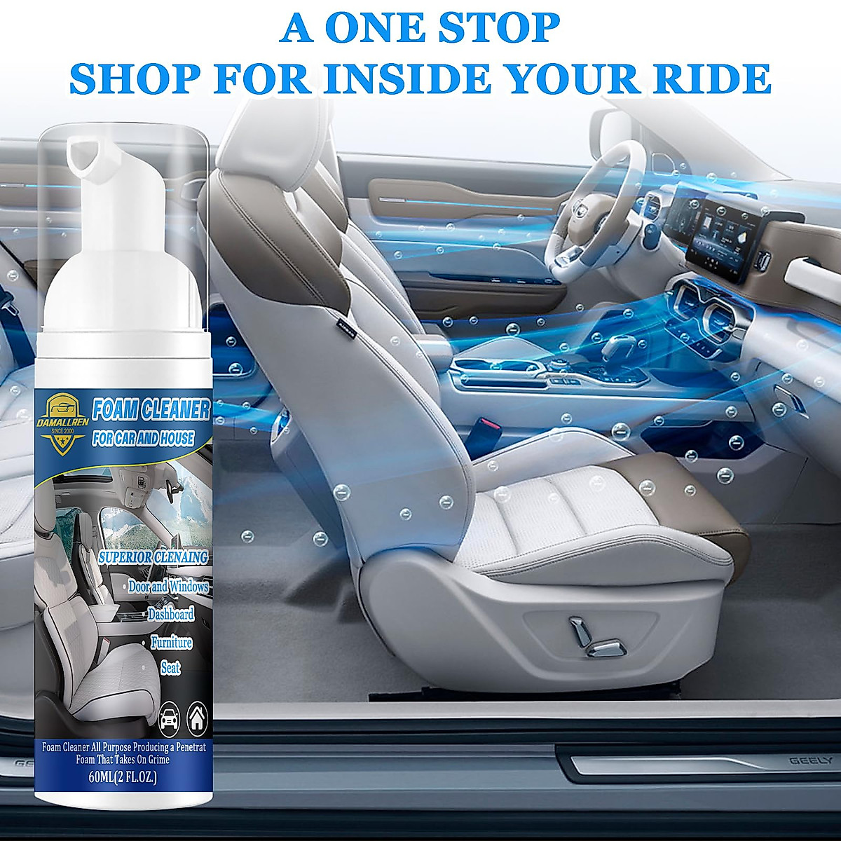 Foam Cleaner For Car, 2 Pack Interior Car Cleaning Kit for Car and House, Car Interior Cleaner Remove Stain from Leather, Carpet, Upholstery, Fabric, Lemon Flavor Car Detailing Kit Interior Cleaner