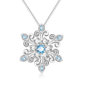 925 Sterling Silver Snowflake Pendant Necklace Blue and White Fleur De Lis, Romantic Jewelry Gift for Her Birthday