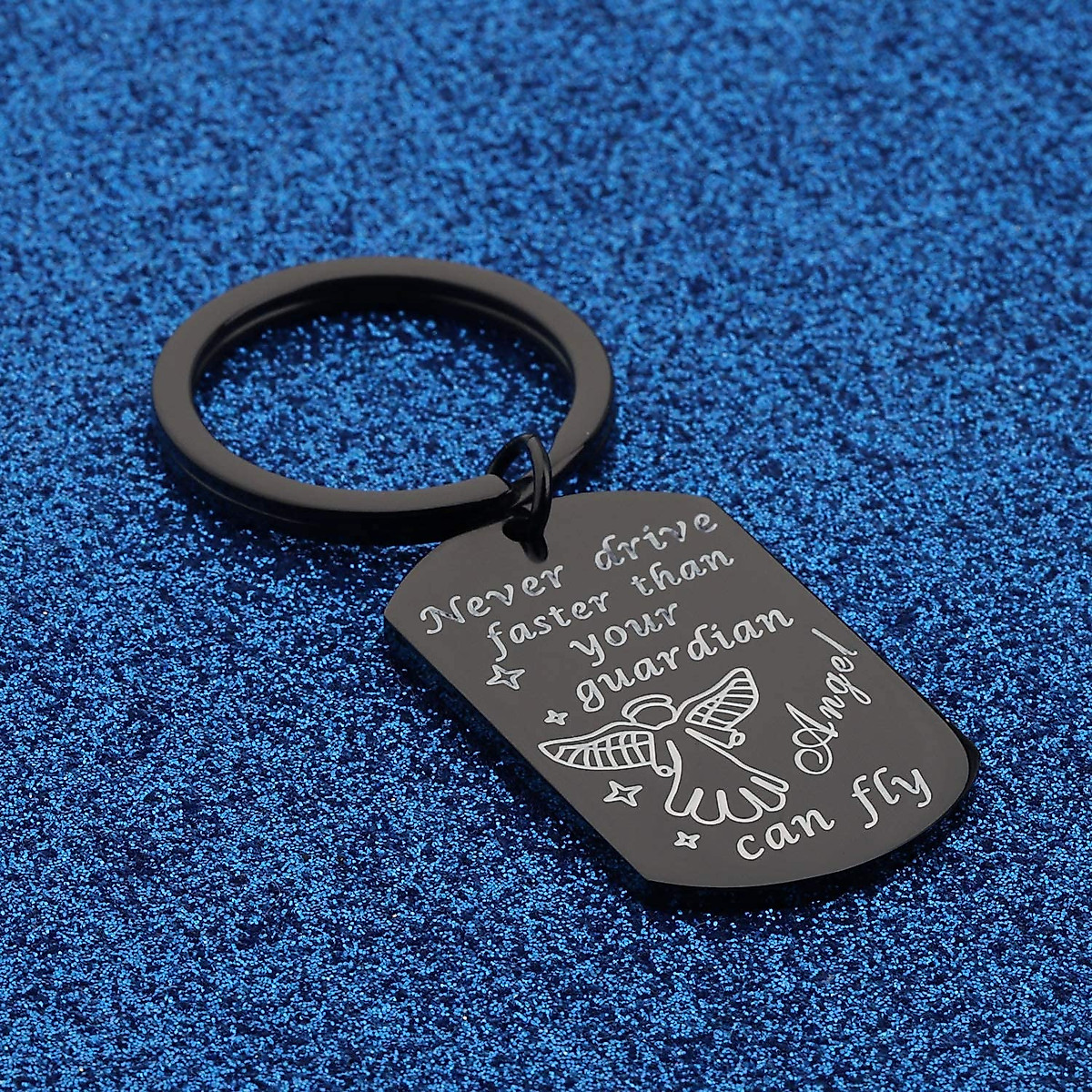 WUSUANED Never Drive Faster Than Your Guardian Angel Can Fly Keychain Bracelet New Driver Gift Sweet 16 Gift (guardian angel keychain black)