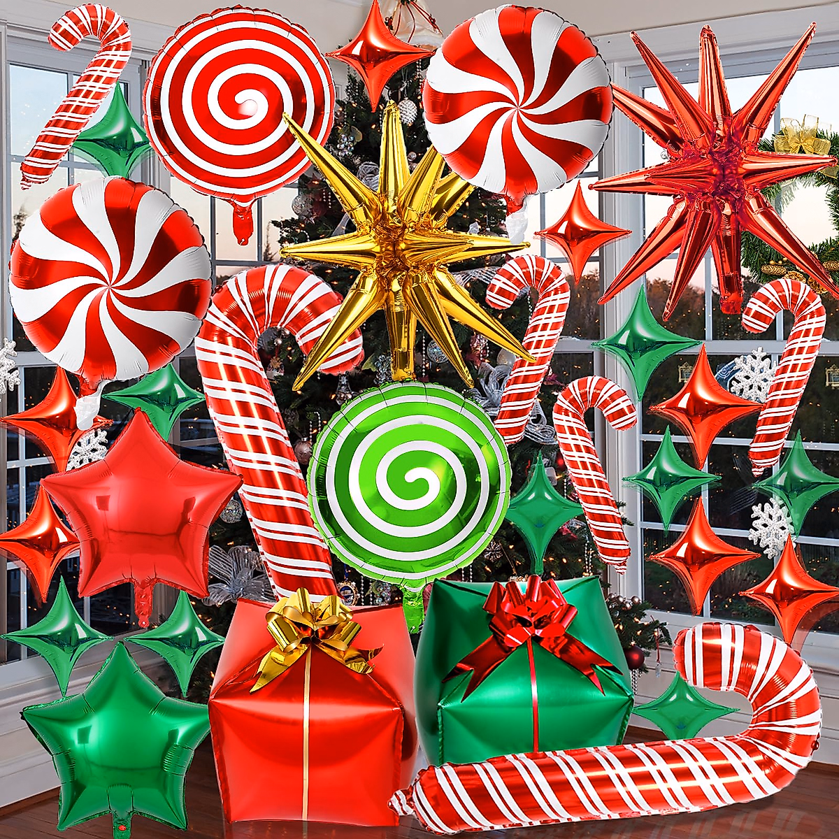 46Pcs Merry Christmas Balloons, Xmas Party Supplies Birthday Decorations, Christmas Candy Foil Balloons Garland Arch Kit, Cane Swirl Mylar Candies Balloons, Winter New Year Holiday Party