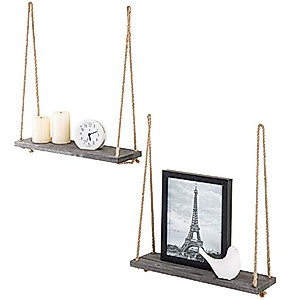 MyGift 17-inch Dark Gray Wood Hanging Rope Swing Shelves, Set of 2