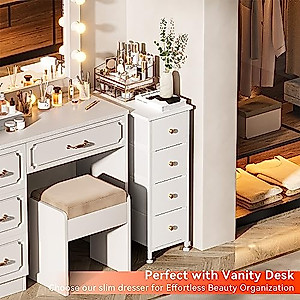YILQQPER Narrow Dresser Storage Tower with 4 Drawers, Slim Dresser Chest of Drawers with Steel Frame, Wood Top, Golden Knobs, White Dresser for Bedroom, Bathroom, Small Spaces, Laundry, Closet, White