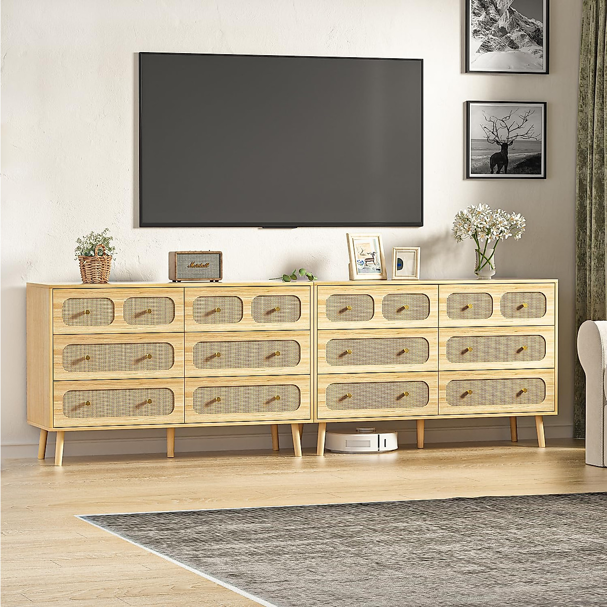 HOUROM Rattan Dresser for Bedroom, Modern 6 Drawer Double Dresser with Gold Handles, Natural Wood Storage Dressers & Chests of Drawers, 6 Drawer Dressers