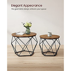 VASAGLE Small Coffee Table Set of 2, Round Coffee Table with Steel Frame, Side End Table for Living Room, Bedroom, Office, Rustic Brown and Black