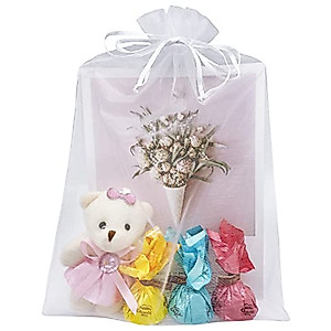 Jexila 50 Pack White Organza Bags 8X12 inch Large Mesh Gift Drawstring Pouch Goodie Bags for Party Christmas Wedding Party Favor Bags (White)