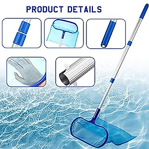 Swimming Pool Skimmer Net with Pole, 3 Feet Adjustable Aluminum Telescopic Pole and 2 Piece Hook Hanger, Deep Bag Pool Net and Shallow Net, Leaf Rake Cleaning Tool for Spa, Hot Tub, Pond Cleaning