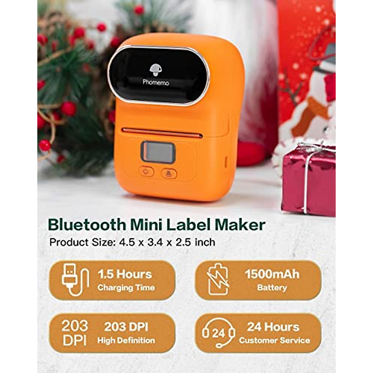Phomemo M110 Mini Label Maker with 3 Rolls 1.57''x3.15'' (40x80mm)-Thermal Label Printer Maker for Barcode, Clothing, Jewelry, Retail, Mailing, Business, Compatible with Android & iOS, Orange