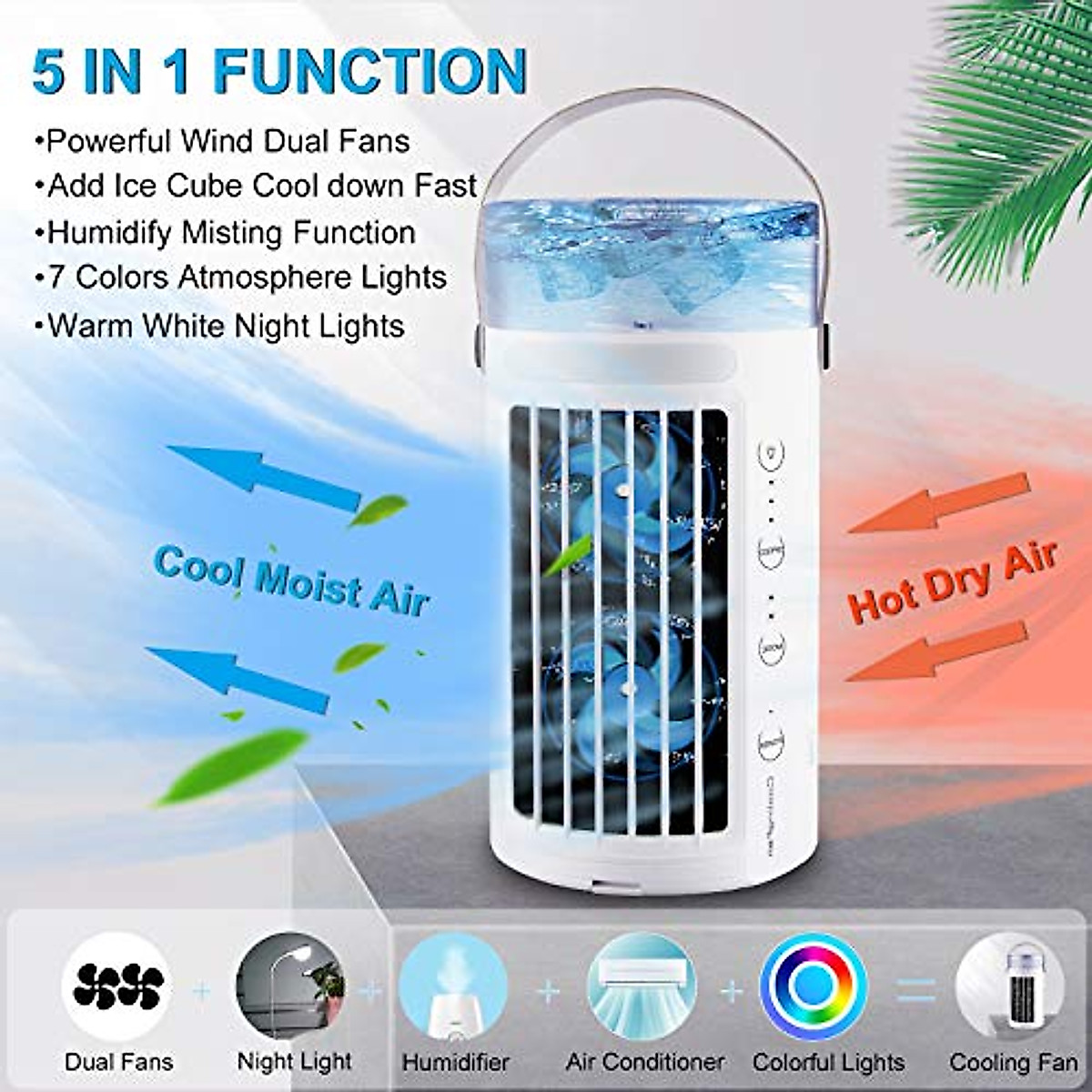YPingk Portable Air Conditioner Fan Personal Air Cooler Desk Cooling Fan Quiet Humidifier Misting Fan with 7 Colors Night Light 3 Speeds Mini Evaporative Cooler for Home Office Bedroom