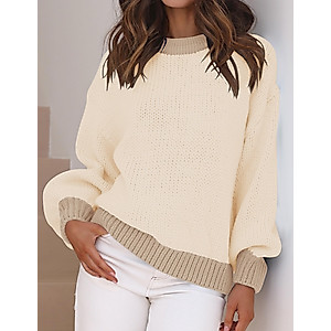 ZESICA Women's Casual Long Sleeve Crew Neck Pullover 2025 Spring Ribbed Knit Loose Contrast Color Sweater Tops,Apricot,Medium