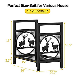 Timechee Firewood Log Rack Holder, Wrought Iron Fireplace Bin Log Rack with Adjustable Foot Pads, Heavy Duty Log Carrier Rack Storage Bin for Firepit Stove Indoor (Deer)