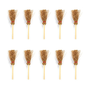 Leadigol 10 Pcs Mini Witches Prop Broom,Red Rope Broom,Funny Wooden Doll House Brooms,Straw Brooms Miniature Decorative Accessory Hangings Decorations