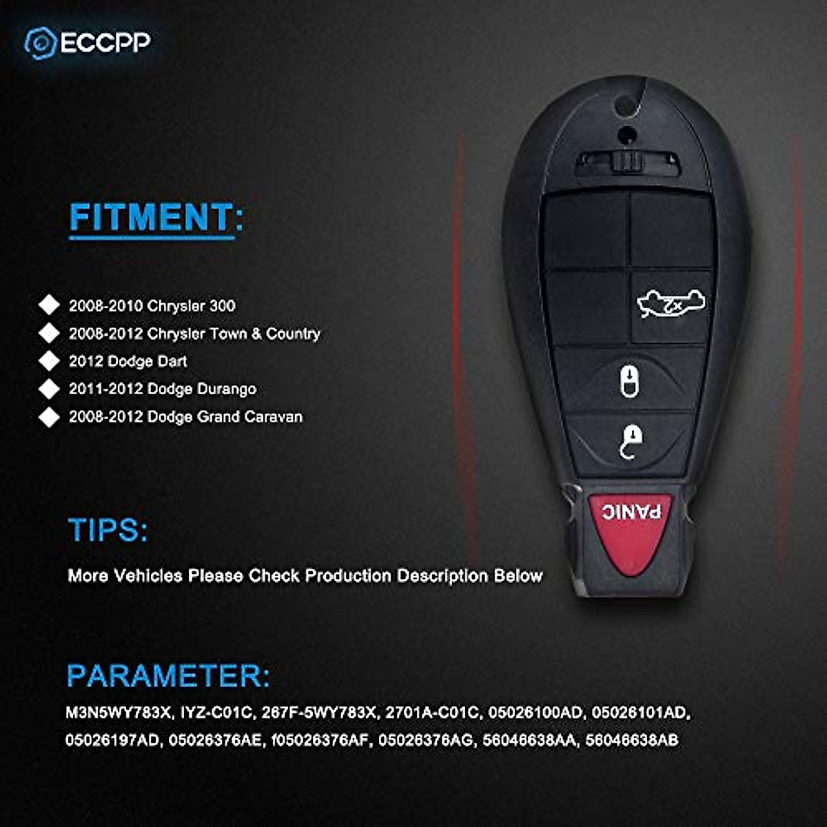 ECCPP Uncut Ignition Key Fob 4 Buttons 433MHz Key Remote fit for Antitheft Keyless Entry Systems 2012 for Dodge Key Remote M3N5WY783X (Pack of 1)