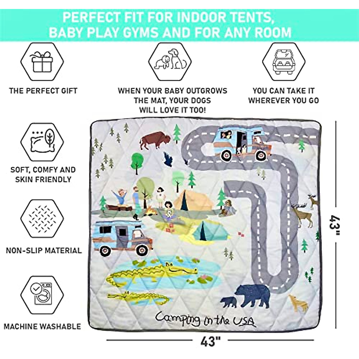 Baby Play Mat, Washable Play Mat for Baby 43"x43", Foldable Kids Tents Mat, Baby Play Gym Mat, Play Tent Mat for Toddler, Baby Tummy Time Mat, Non-Slip (Camping in The USA)