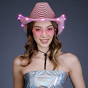 Funcredible Pink Light Up Cowboy Hat and Glasses - Sparkly Disco Cowgirl Hat - Sequin Cowboy Hat for Women - Cowgirl Costumes for Girls