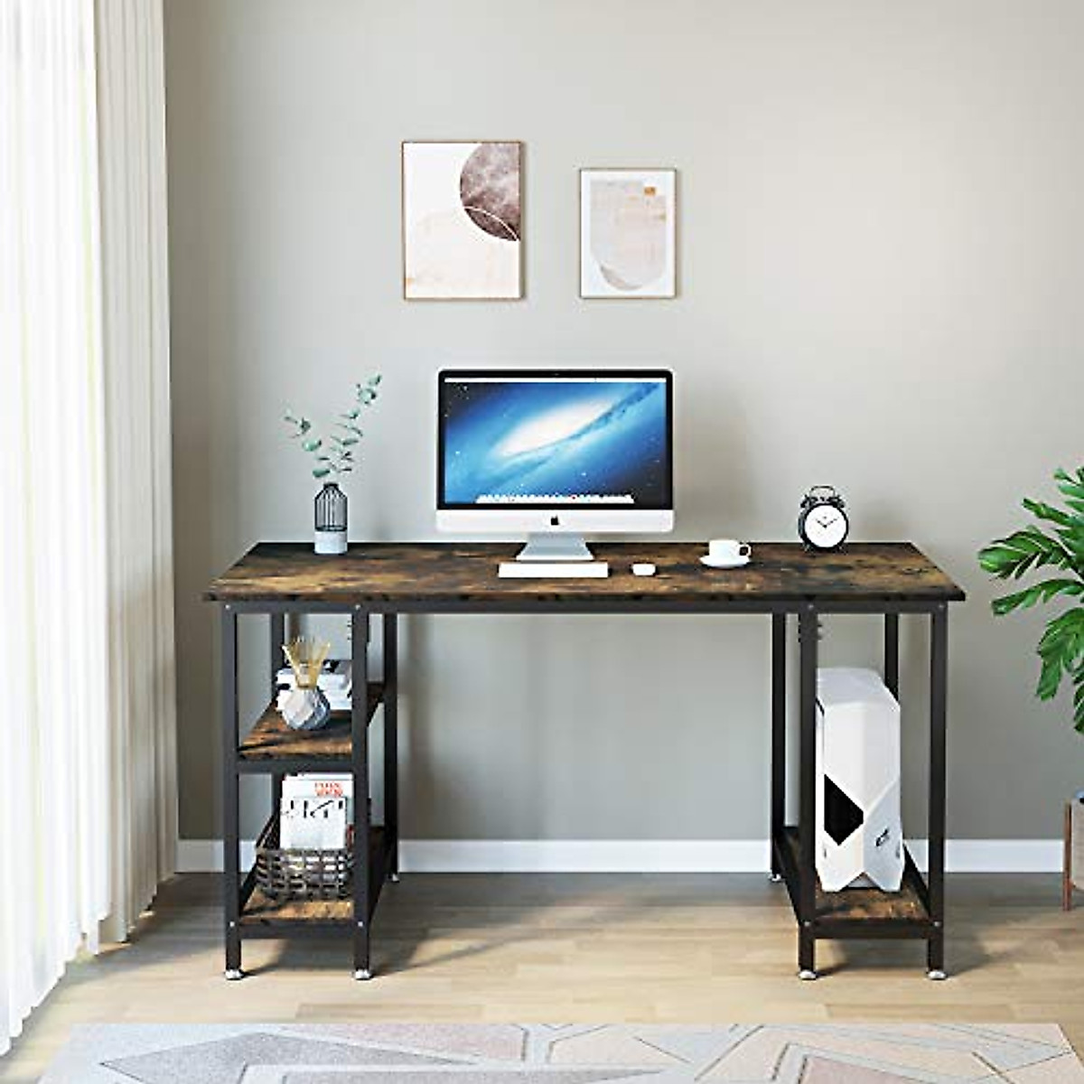 YOLEO Computer Desk with Shelves - 47.2" Student Study Desk for Home Office, Modern Sturdy Table Office Desk with 4 Tier Storage Shelves for Small Spaces, Rustic Brown