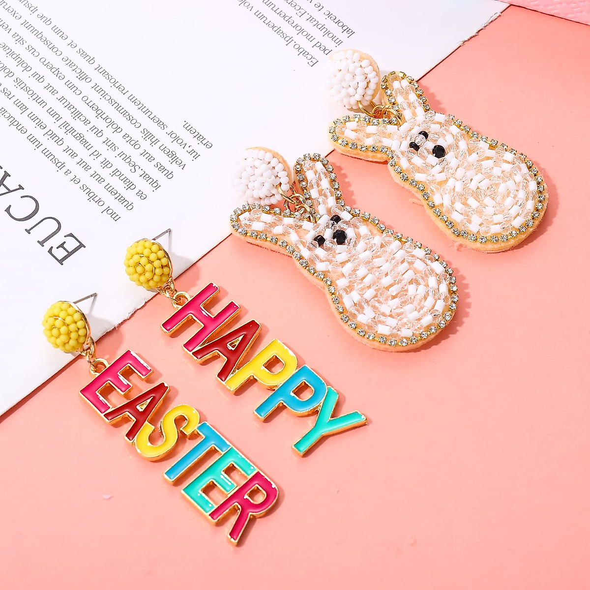 Easter Earrings Beaded Bunny Egg Letter Dangle Earrings for Women Cute Pom Pom Rabbit Holiday Earrings Festive Jewelry Party Gifts (Easter Bunny)