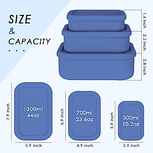 Keweis Silicone Food Storage Containers, Set of 3 Silicone Bento Lunch Box Containers with Lids, Hard-Shell Silicone, Airtight, Microwave, Dishwasher and Freezer Safe (10oz, 23.6oz, 44oz)
