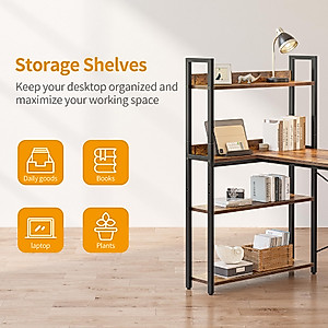 CubiCubi Computer Corner Desk with Storage Shelves, 47 Inch Reversible L Shaped Desk with Bookshelf, Home Office Writing Desk with Hooks, Small L Study Table, Rustic Brown